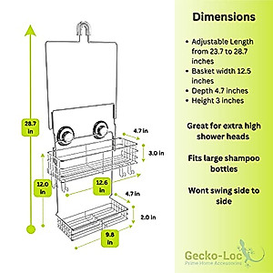 Gecko-Loc 🦎 NEW LONG WIDE Adjustable Length Over the Showerhead Hanging Shower Caddy Organizer - Silver