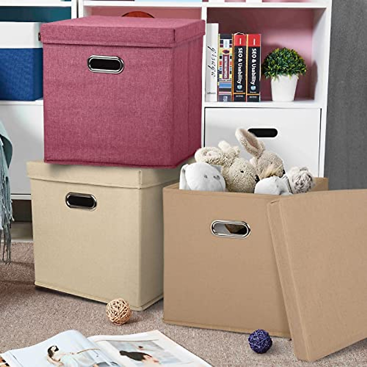 XYXYLY 2 Pack Foldable Cubes Storage Bins with Lids 12.6 * 12.6 * 12.6" Collapsible Fabric Cubbies Storage Baskets for Shelf Closet Organizer Home Bedroom Office Nursery