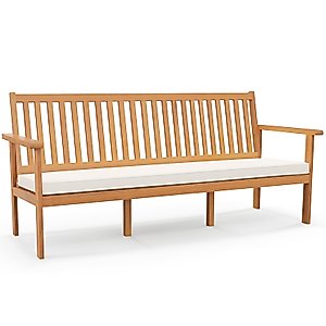 Tangkula Outdoor 3-Seat Wood Bench, 64 Inches Extra Long Acacia Chair w/Seat Cushion, Slatted Seat & Backrest, Patio 3-Person Bench Seat for Backyard, Porch, Balcony