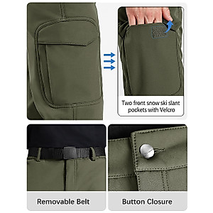 FREE SOLDIER Men's Outdoor Softshell Fleece Lined Cargo Pants Snow Ski Hiking Pants with Belt (Army Green 32W x 32L)