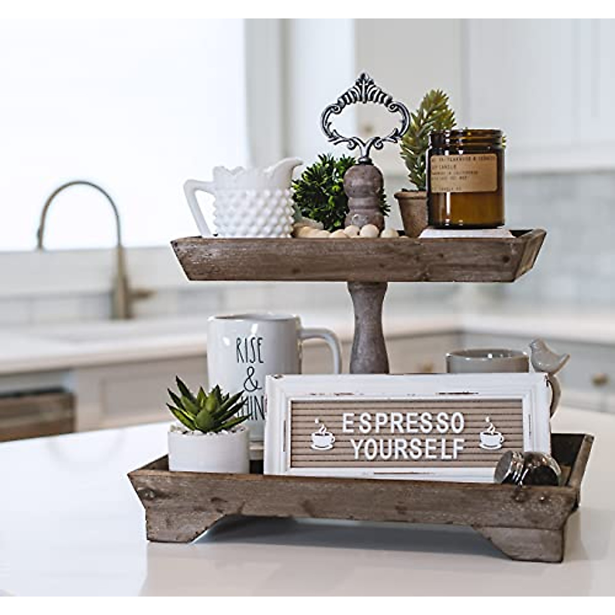 Felt Creative Home Goods Rustic Wood Two Tiered Tray, Rectangle 2 Tier Serving Tray for Coffee Bar, Kitchen Counter, Dining Room Table, Cupcake Stand, Holiday and Farmhouse Decor (Rustic Brown)