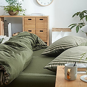 HC 100% Cotton 4pcs Queen Size Army Green Striped Duvet Cover Set Soft Fabric Jersey Knit Bedding (Queen)