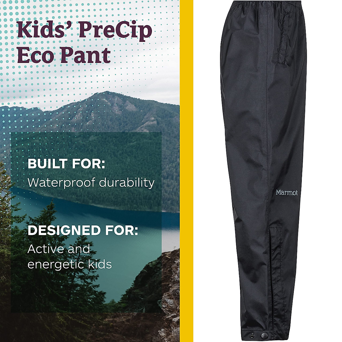 MARMOT Kid's PreCip Eco Pant | Lightweight, Waterproof Pants for Kids, Ideal for Hikes, Field Trips, Camping, 100% Recycled, Black, X-Small