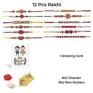 Craftsman 12 Pc Rakhi for Brother Bhaiya Bhabhi Traditional Handmade Assorted Designer Rakhi Set Roli Chawal, Greeting Card & Soun Stickers Rakhi Thread Rakhdi Bracelets Rakshabandhan (DESIGN 1)