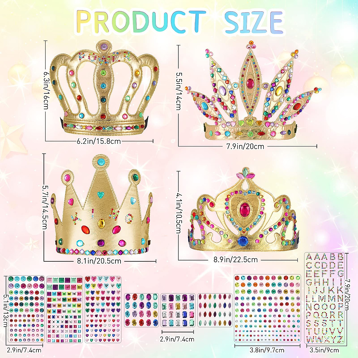 Civaner 17 Pcs Princess Party Crowns Set Princess Party Favors DIY Crown for Kids Supplies Tiaras Making Kit with Diamond Stickers Princess Party Supplies(Gold)