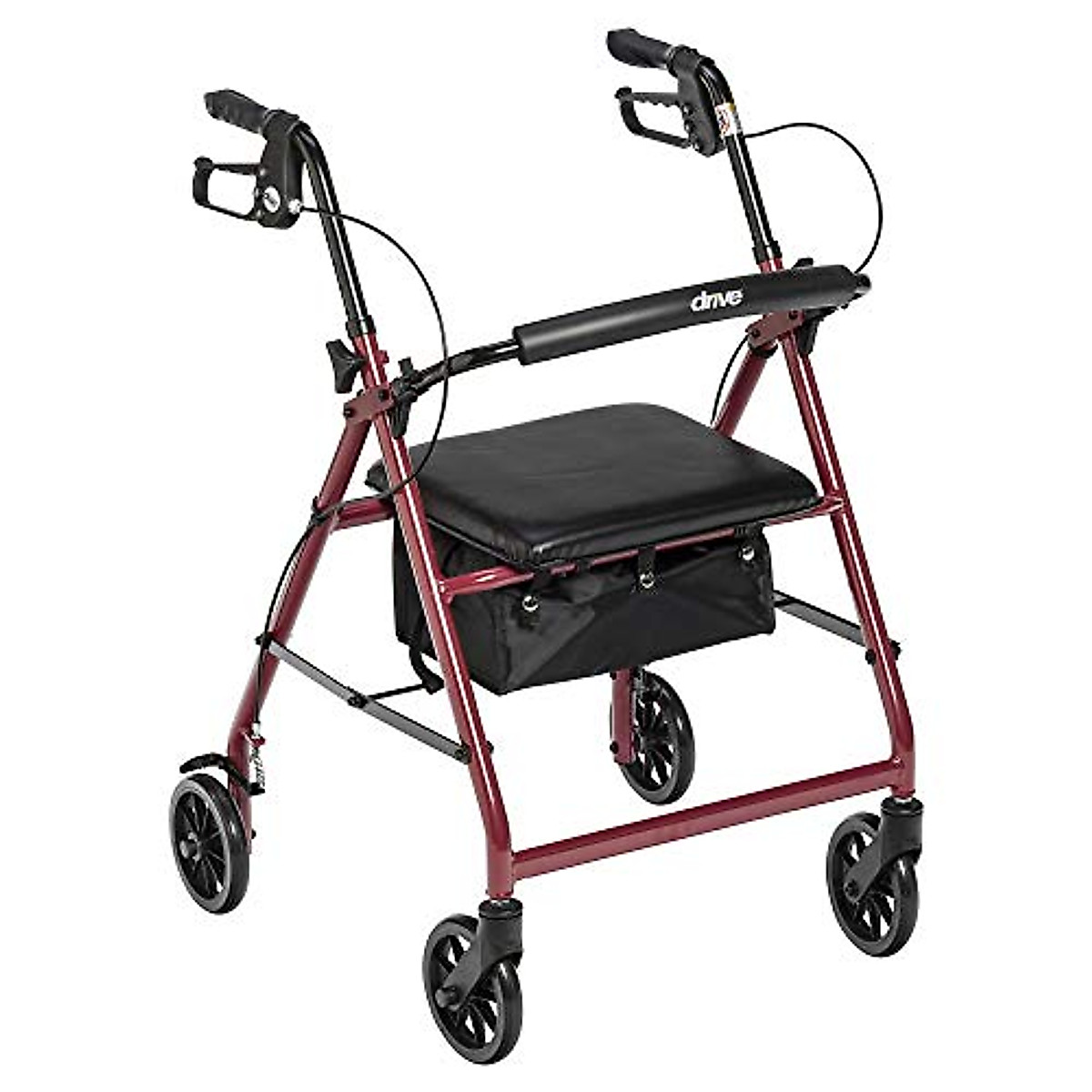 Drive Medical Aluminum Rollator Walker Fold Up and Removable Back Support, Padded Seat, 6" Wheels, Red
