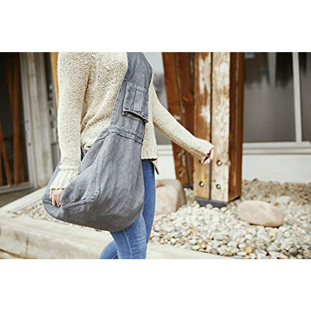 COLONY CO The Farmers Market Bag - Organic Cotton Canvas - Crossbody Sling Design - Cargo Pockets - Comfortable Wide Strap for Easy Carrying - Foldable - Washable - Durable, Strong - Gray - Made