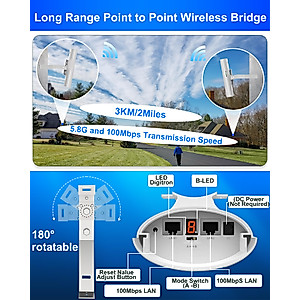 5.8G Wireless Bridge with Pole/Wall Mount Bracket - Extend Starlink Internet Access Outdoor, 2 Miles Point to Point WiFi Bridges with PoE Adapter, 2-Pack