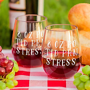 YouNique Designs 8oz PO TID PRN Stress Wine Glass, 15 Ounces, RN Stemless Wine Glasses for Nurse Wine Glass