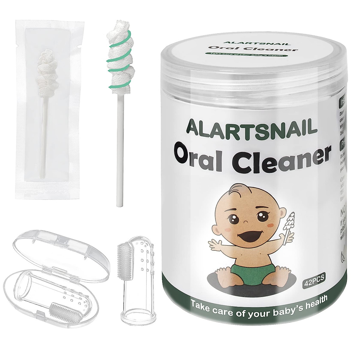 ALARTSNAIL Baby Oral Cleaner, 42Pcs Baby Tongue Cleaner and 1Pc Baby Finger Toothbrush with Case Upgraded Umbrella Brush Head Individual Package Baby Mouth Cleaner Newborn for 0-36 Month Baby