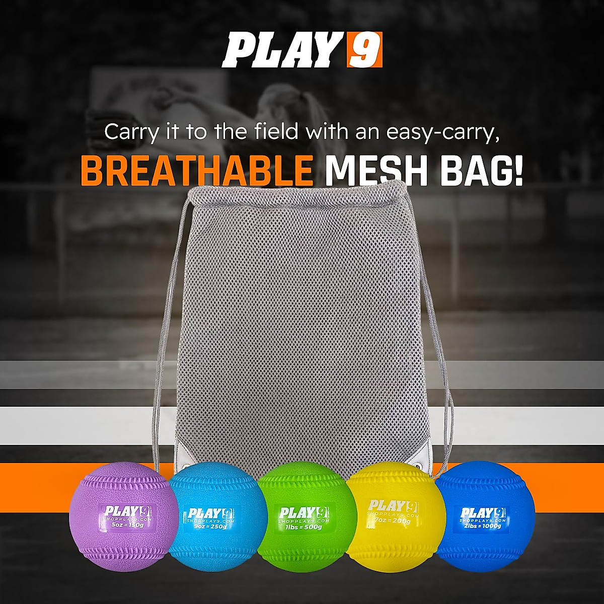 SHOP PLAY 9 Set of 5 Plyoball Weighted Ball Set for Throwing and Pitching Training - Heavy Mini Training Balls for Baseball - Builds Speed, Strength, & Muscle Memory