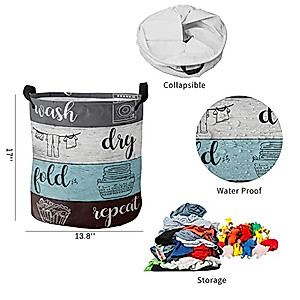 Laundry Room Large Laundry Basket,Collapsible Bag with Easy Carry Handles,Bathroom Dry Wash Fold Repeat Grey Blue White Brown Farmhouse Wood Waterproof Foldable Freestanding Hamper,Folding Storage
