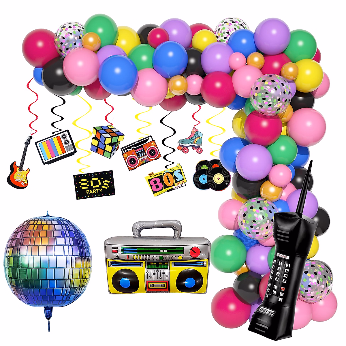 Amandir 80s 90s Party Decorations, 114Pcs Balloon Arch Kit 80's 90's Hanging Swirls Inflatable Disco Ball Radio Boom Box Retro Mobile Phone Balloons for Back to 80s 90s Hip Hop Birthday Supplies