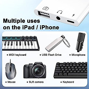MASAYA USB 3 Camera Adapter,3 in 1 USB Female OTG Adapter with 3.5 mm Headphone Jack and Charging Splitter Compatible with i-Phone 12 11 X 8,Support Card Reader,MIDI