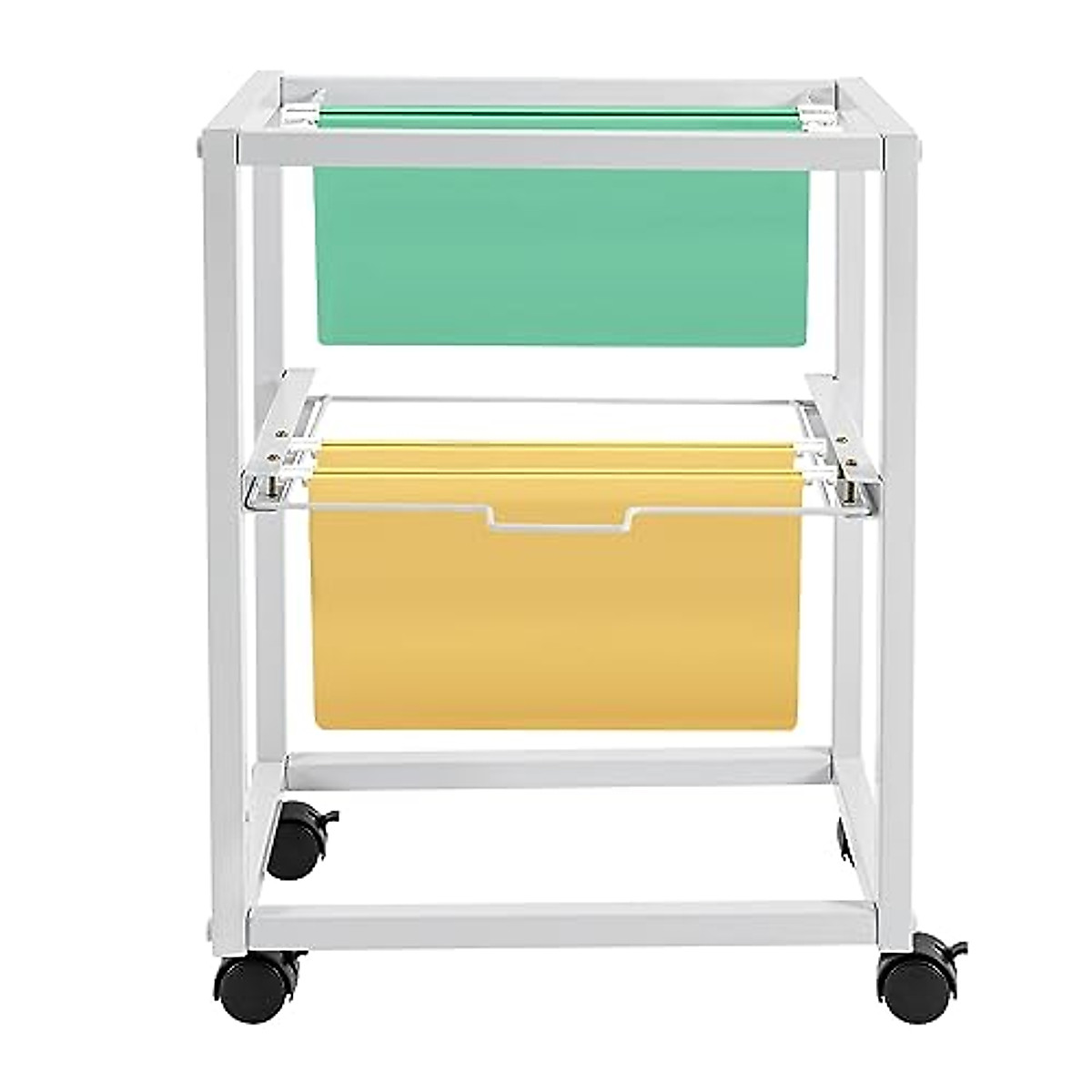 LyeXD 2 Tiers Metal Rolling File Carts w/Wheels, Modern Hanging Files Frame Files for Documents, Movable Pull-Out File Folder Rack Rolling File Organizer for Office, Classroom, White
