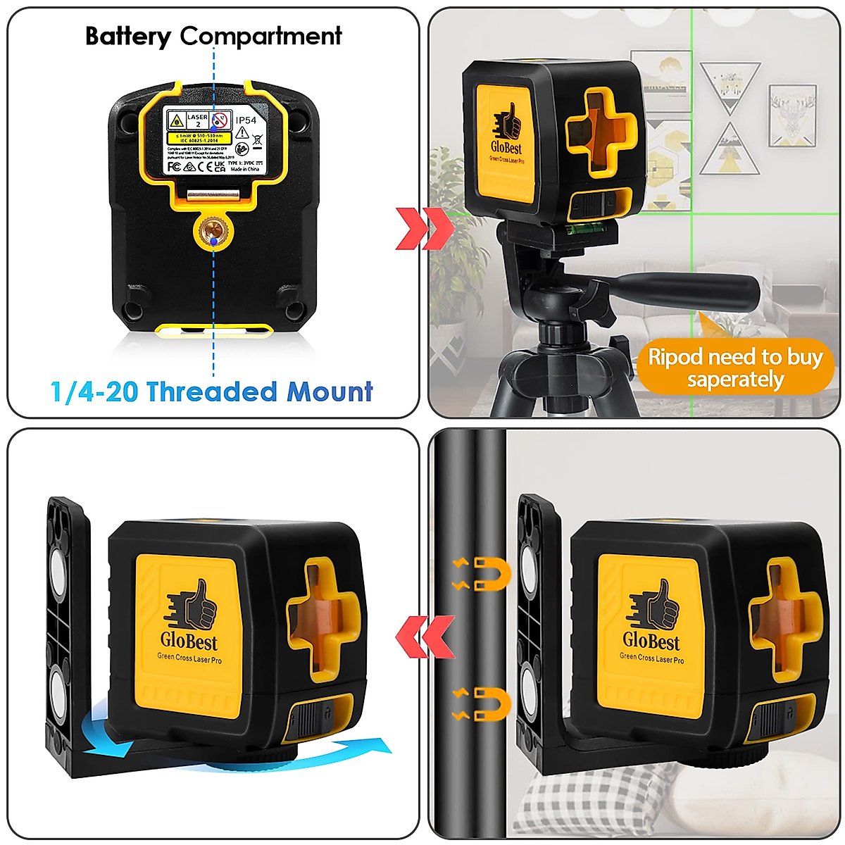 Globest Self-Leveling Laser Level, 100Ft/30M Green Cross Line Laser Level, Lazer Level 2 line laser for Construction and picture hanging, IP54 Waterproof, 360° Magnetic Base and Battery Included
