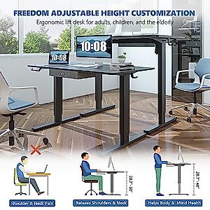 DUMOS Adjustable Height Electric Standing Desk with Drawer,48 x 24 in Ergonomic Computer Table with Splicing Board, Wire Hole and Hook for Workstation for Home, Office, Black