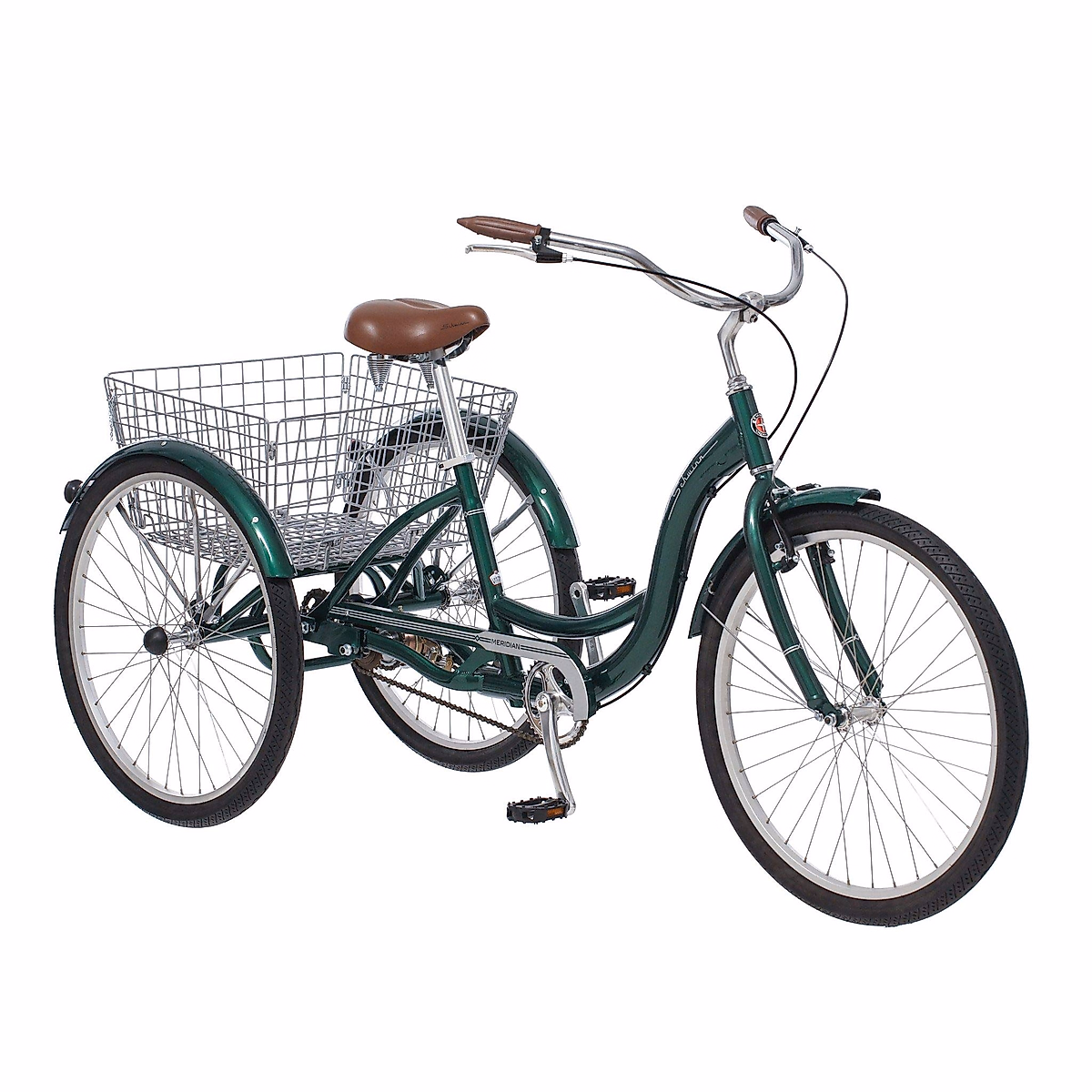 Schwinn Meridian Adult Tricycle Bike, Mens and Womens Three Wheel Beach Cruiser, 26-Inch Wheels, Low Step-Through Frame, Wide Seat, Rear Folding Basket, 1-Speed, Green