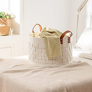 BOLDMONEKY Blankets Basket 20”x20”x11.8”, Large Round Laundry Hamper with Leather Handle, Soft Dog Toy Woven Basket for Storage-Beige