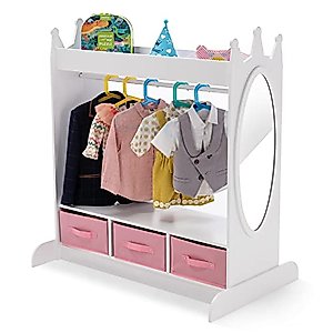 Kids Armoire Dress-Up Storage w/Mirror and Drawers,Dress up Closet,Costume Dress up Wardrobe,Pretend Storage Closet for Kids w/Side Pocket Top Shelf Shoes Storage for Bedroom Girls Room, White