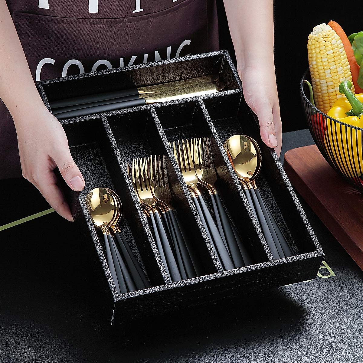Berglander Drawer Organizers, Black Leather Wood Kitchen Silverware Tray for Drawer, Utensil Tray Drawer Organizer, Kitchen Silverware Organizer, Cutlery Flatware Organizer with Drawers