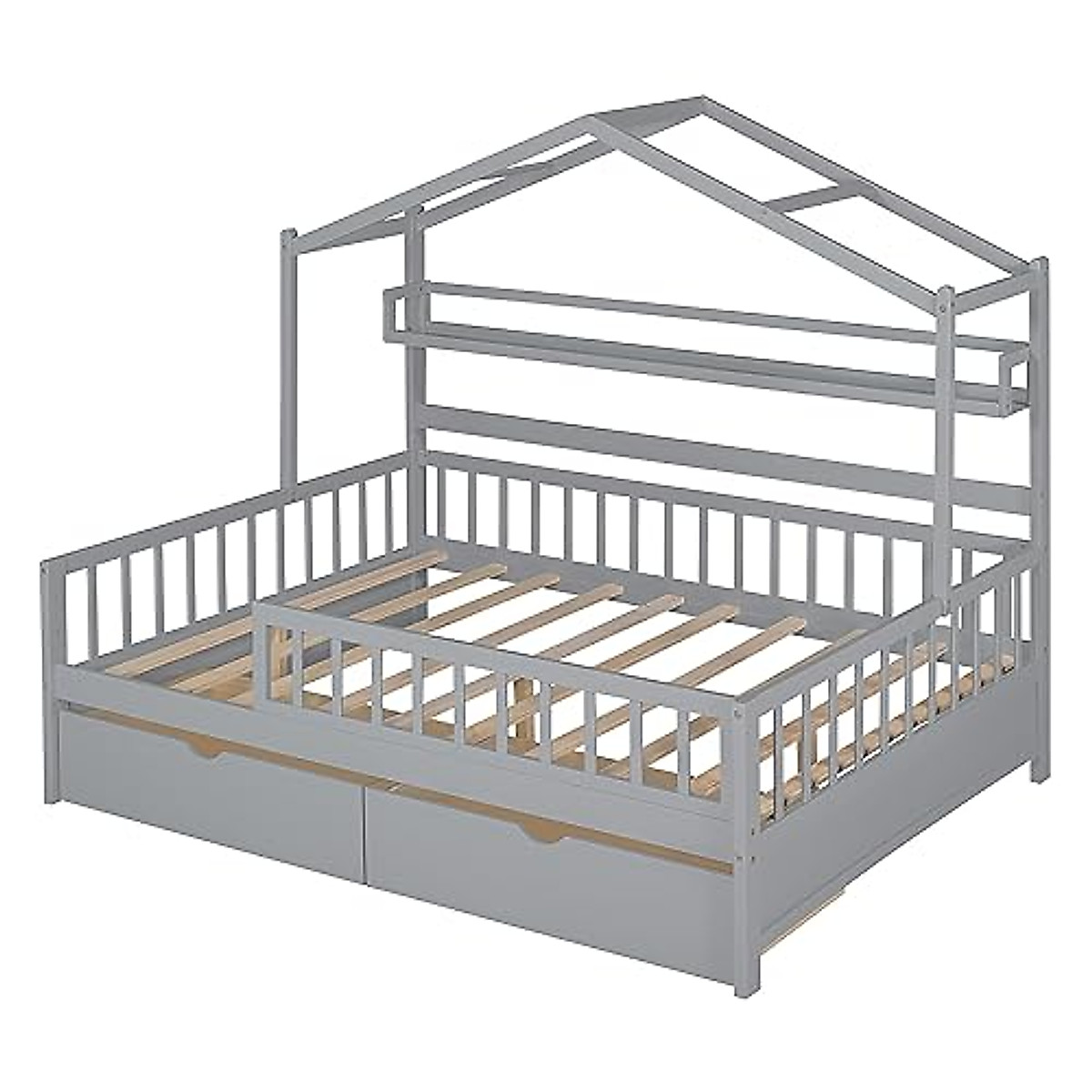 WADRI Full Size House Bed with 2 Drawers and Shelf, Wood House Bed Frame with Roof Design and Safety Guardrail, Montessori Bed for Girls Boys Bedroom, Can be Decorated (Gray + Wood-A32)