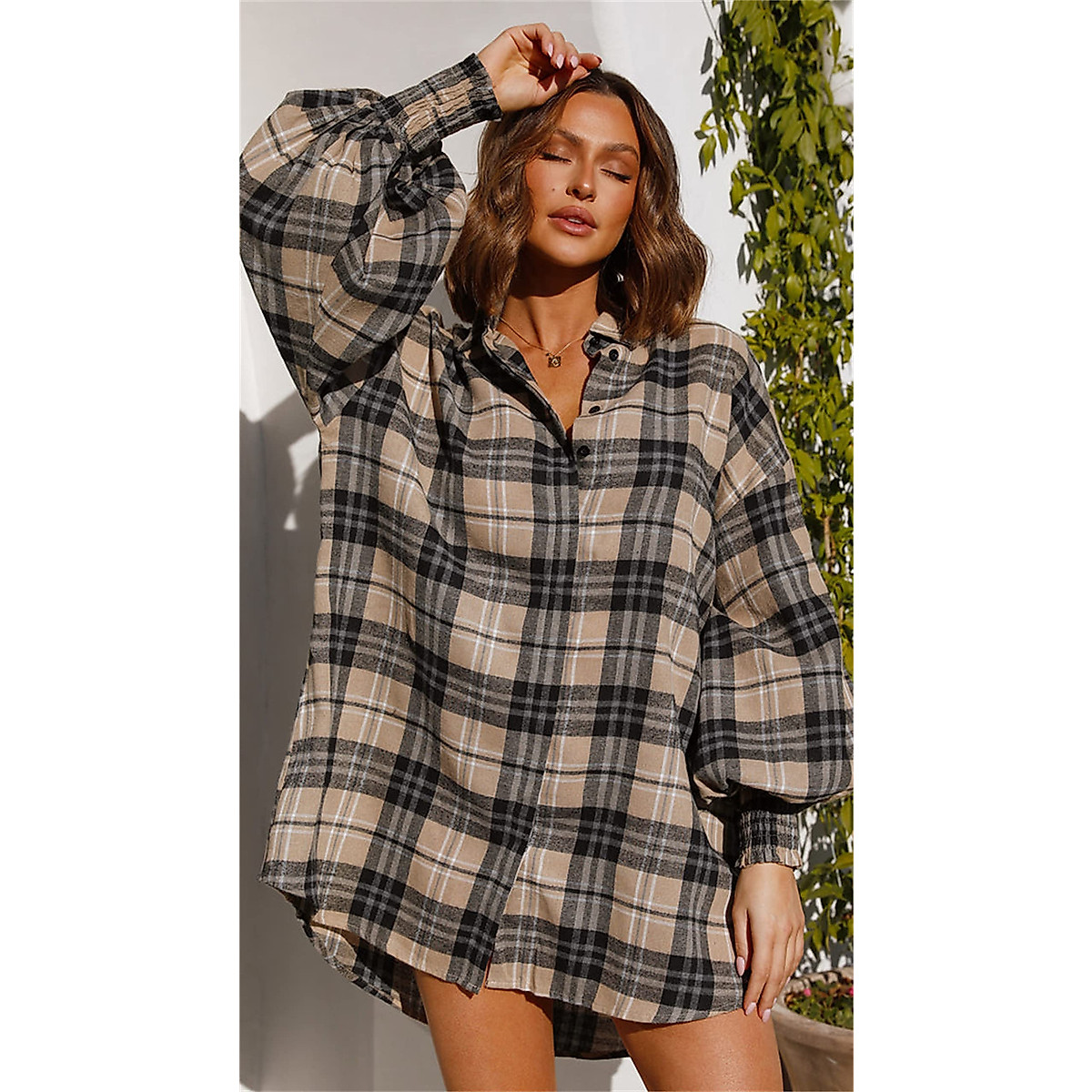 Oversized Button Down Shirts Dress for Women Lapel Plaid Jacket Flannel Boyfriend Blouse Tops Beige and Gray XL