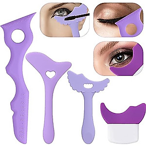FEBSNOW Eyeliner Stencils 4pcs Multifunction Eye Make Up Aid Tool Silicone Eyeshadow Shield Guard with 4 Mascara Brushes Easy to Use Make Up tools(Purple)
