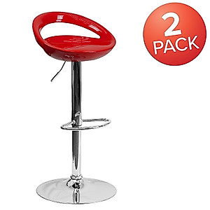 Flash Furniture Wilson 2 Pack Contemporary Red Plastic Adjustable Height Barstool with Rounded Cutout Back and Chrome Base