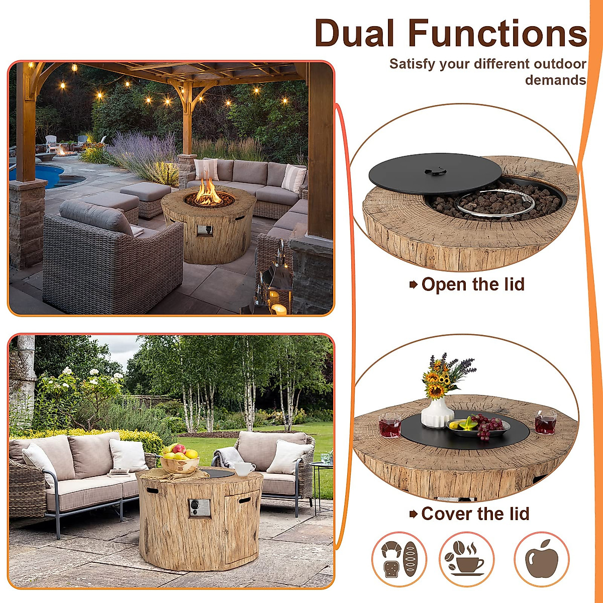 COSTWAY 40" Propane Gas Fire Pit Table, 2-in-1 Outdoor Round Fire Table W/Volcanic Rock & PVC Cover, 50,000 BTU Heat Output, Wood-Like Surface for Backyard, Poolside