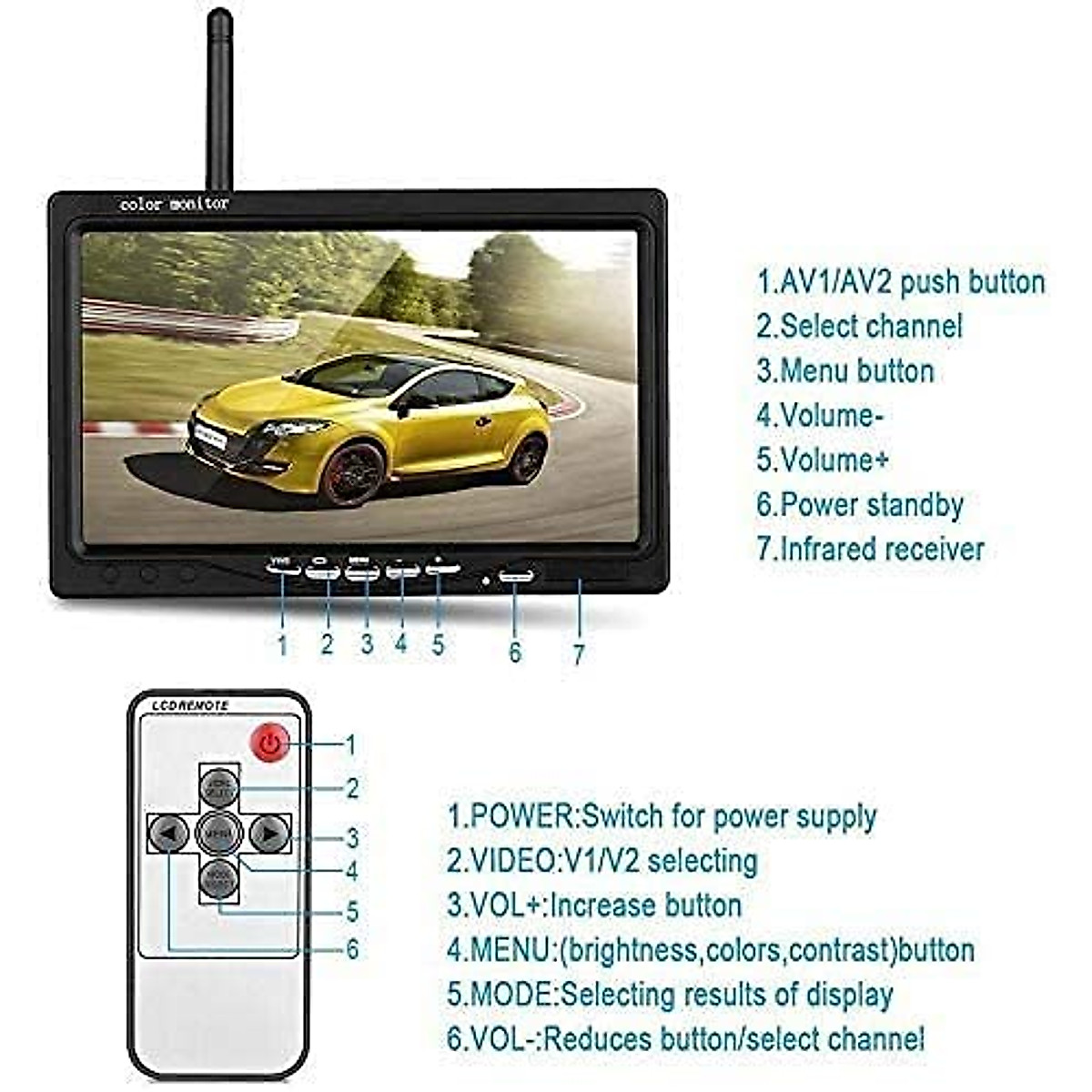 Liehuzhekeji Wireless Car Backup Camera and Monitor Kit, Waterproof Night Vision Wireless Rear View Camera 7 Inch LCD Monitor Parking System + Car Charger for 12V-24V Truck RV Trailer Camper Bus