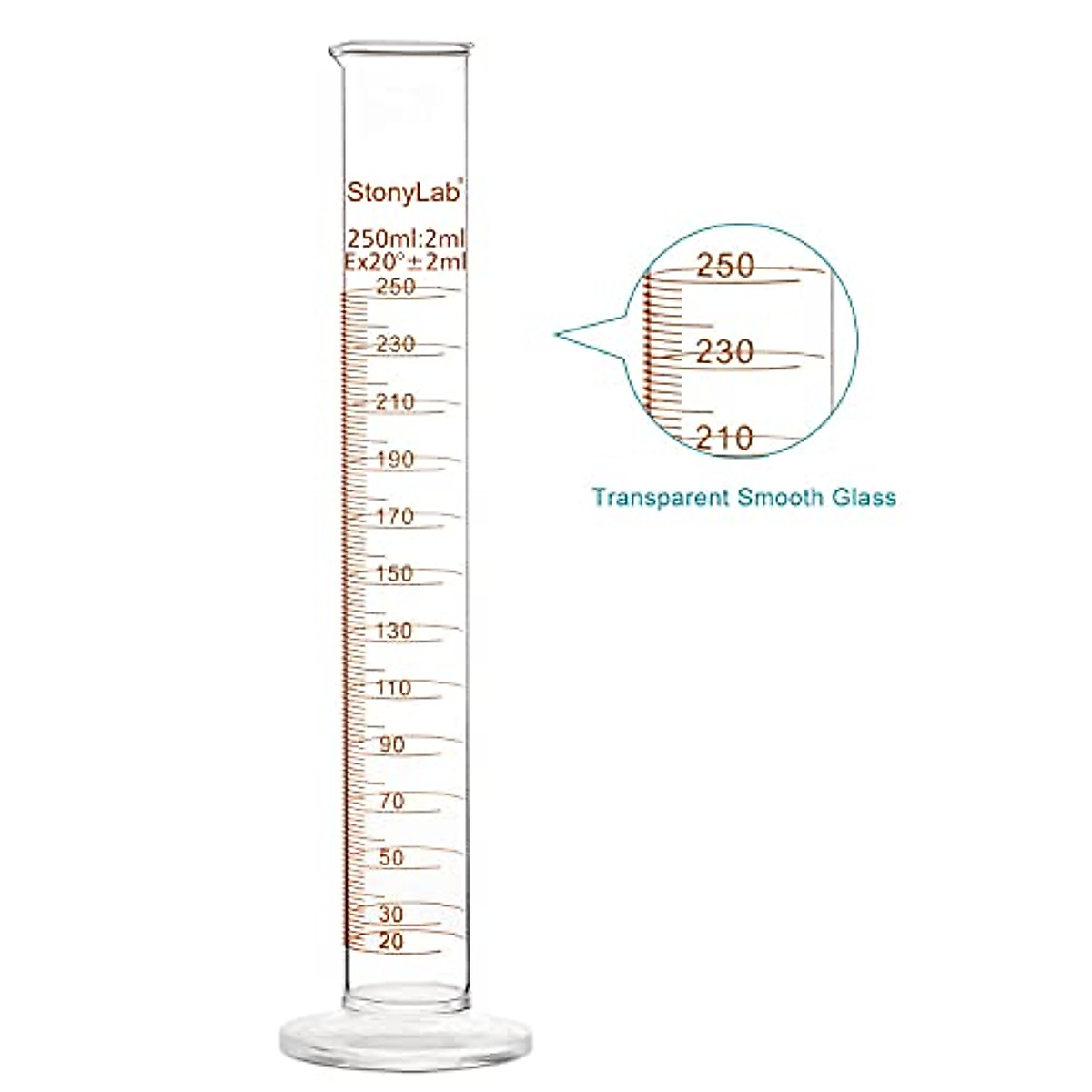 stonylab 1-Pack Graduated Cylinder, Borosilicate Glass 250 ml Heavy Wall Graduated Glass Measuring Cylinder