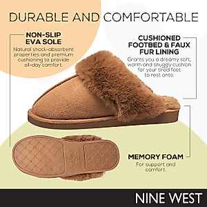 Nine West Scuff Slippers For Women, Extra Soft & Comfortable Winter House Shoes, Tan, Medium 7-8