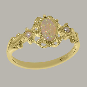 LetsBuyGold 10k Yellow Gold Natural Opal & Cultured Pearl Womens Trilogy Ring - Size 11.25