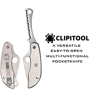 Spyderco ClipiTool Folding Utility Knife with Stainless Steel Handle Plain and Serrated Edge, Full-Flat, 8Cr13MoV Steel Blade and SlipJoint System - C176P&S