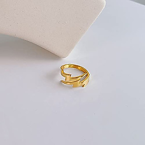 21 Holiday Double Lightning Stainless Steel Adjustable Open Rings for Women Men Fashion Asymmetric Wrap Engagement Promise Statement Finger Knuckle Boyfriend Girlfriend Son Daughter, Gold (4202)