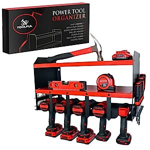 Power Tool Organizer Wall Mount – Durable 3 Layer Tool Storage for Cordless Power Drills – Power Coated Steel Utility Shelf w/Drill Bit & Screw Organizer – Garage Shelves for Tool Organization - Red
