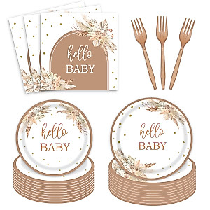 96pcs Boho Baby Shower Party Plates and Napkins Tableware Set for 24 Guests Bohemian Pampas Grass Floral Rainbow Arch Party Dinnerware Supplies Favors Decorations for Hello Baby Events