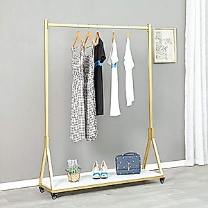 FURVOKIA Modern Simple Heavy Duty Metal Rolling Garment Rack with Wheel,Retail Display Clothing Rack with Wood, Single Rod Floor-Standing Hangers Clothes Shelves (Gold Square Tube B, 47.2 L)