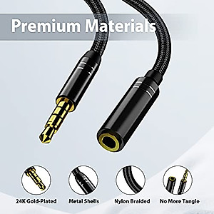 PVJALI Headphone Extension Cable(4Ft/1.2M), 3.5mm Audio Cable Male to Female, 4 Pole Hi-Fi Stereo Sound AUX Cord Extender for All 3.5 mm Enabled Devices (2 Pack - Nylon Braided Black)