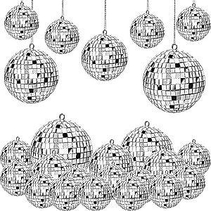 Soaoo 12 Pcs Mirror Disco Balls 2'', 2.4'', 3.2'', 4'' Silver Hanging Disco Light Mirror Ball Glass Decor 70s Disco Ball Ornament Stage Props Game Accessories for Christmas Party or DJ Light Effect