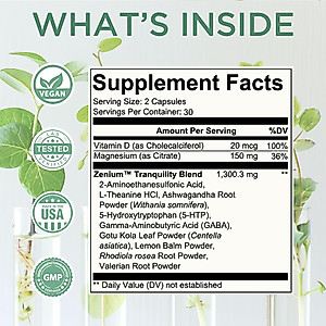 Zenium - Relieve Stress, Tension, Worry, Nervousness, & Irritability | Calm The Mind & Body | Ayurvedic | Natural Relief Supplement | Boosts Mood | Ashwagandha, L-Theanine, GABA, Rhodiola |60 Capsules