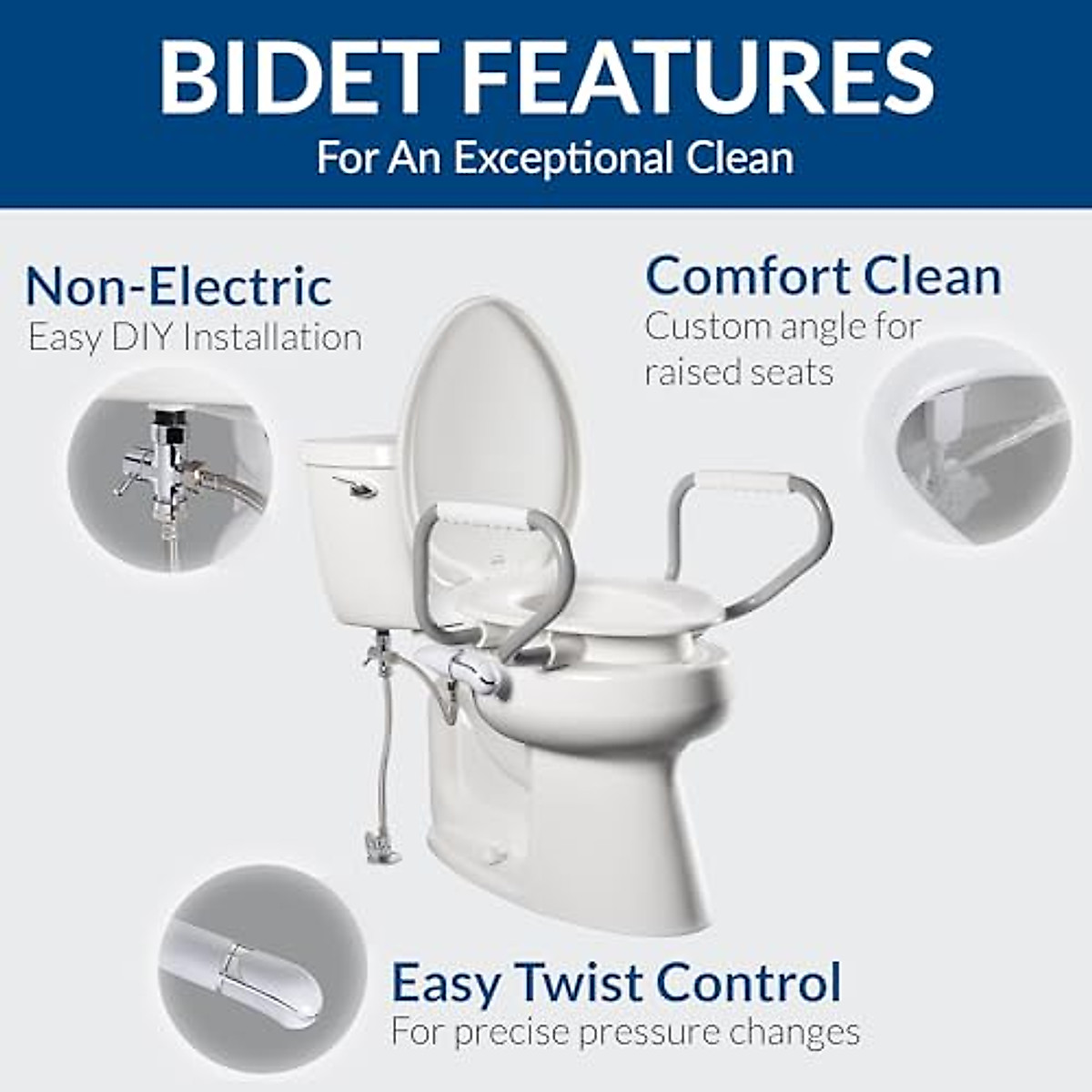 Bemis Assurance 3" Raised Toilet Seat with Handles and Bidet Attachment, Clean Shield Guard, Secure Hinges, Elongated, White