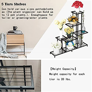 Metal Plant Stand, 5 Tiers Multifunctional Plant Stands for Indoor Plants, Decorative Black Steel Plant Shelf for Indoor Outdoor Patio Garden Balcony and Yard(5 tiers 12 pots)