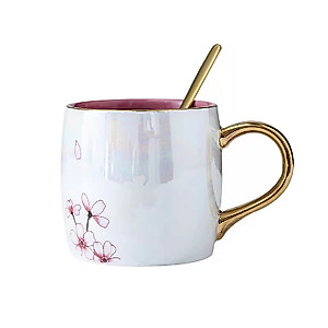 KEYIGOU 13.5oz Cherry Blossom Ceramic Mug with Lid Gold Spoon Pretty Tea Cup Coffee Mugs for Women Unique Sakura Gifts