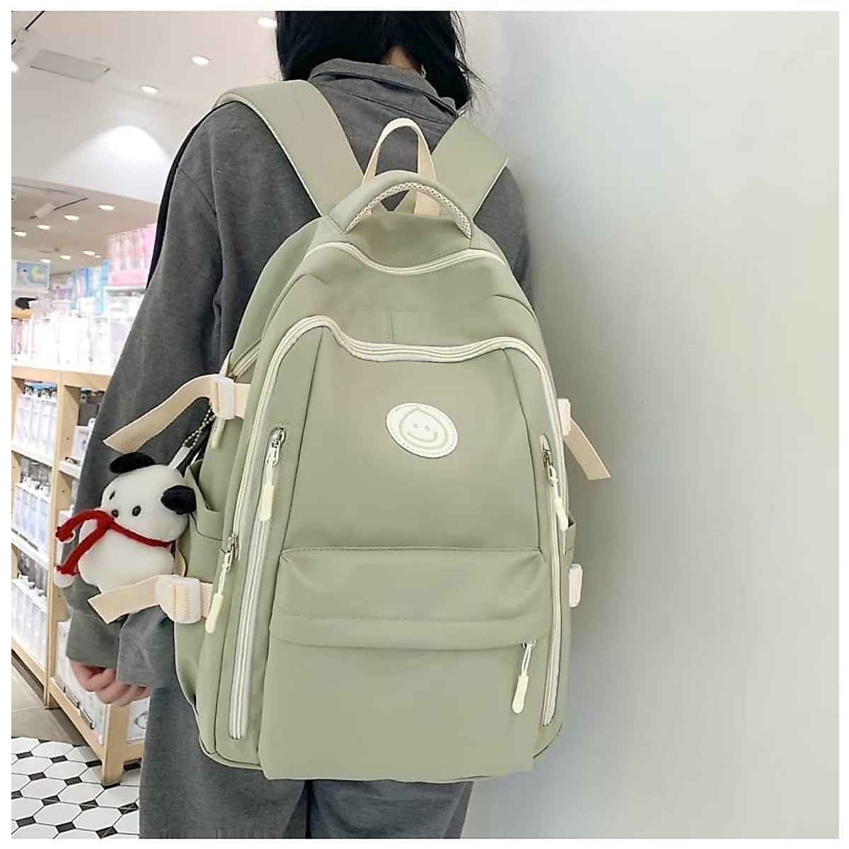 Preppy Backpack Aesthetic Backpack with Cute Plush 15.6" Laptop Backpack Korean Japanese Fashion Preppy Stuff (Sage Green,One Size)