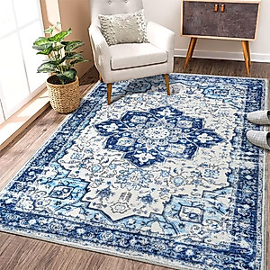 GAOMON Area Rug 9x12 Medallion Distressed Rug Washable Rugs Vintage Medallion Floral Rugs Indoor Soft Floor Cover Low Pile Non-Shedding Carpet Non Slip Backing Living Room Bedroom Foldable Rug, Blue