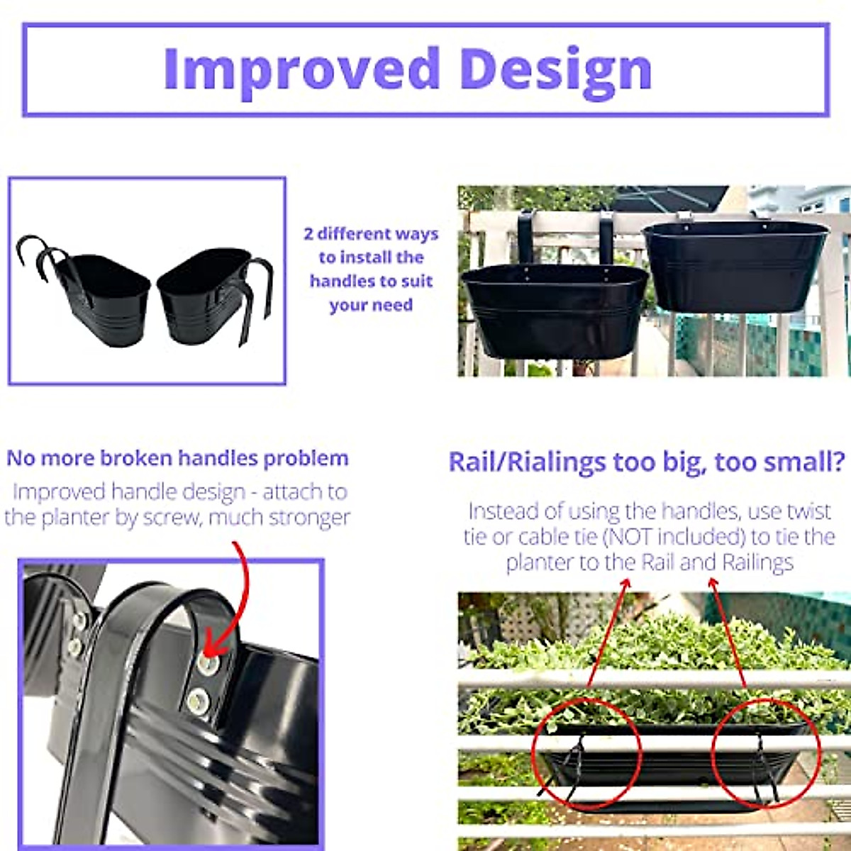 LaLaGreen Outdoor Rail Planter - 6 Pack, 11.2 Inch Black Metal Iron Hanging Flower Pots Deck Railings Fence Buckets Modern Countryside Boho Style Wall Mount Window Box Plant Holder Hooks Porch Decor