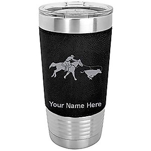 LaserGram 20oz Vacuum Insulated Tumbler Mug, Cowgirl Roping a Calf, Personalized Engraving Included (Faux Leather, Black)