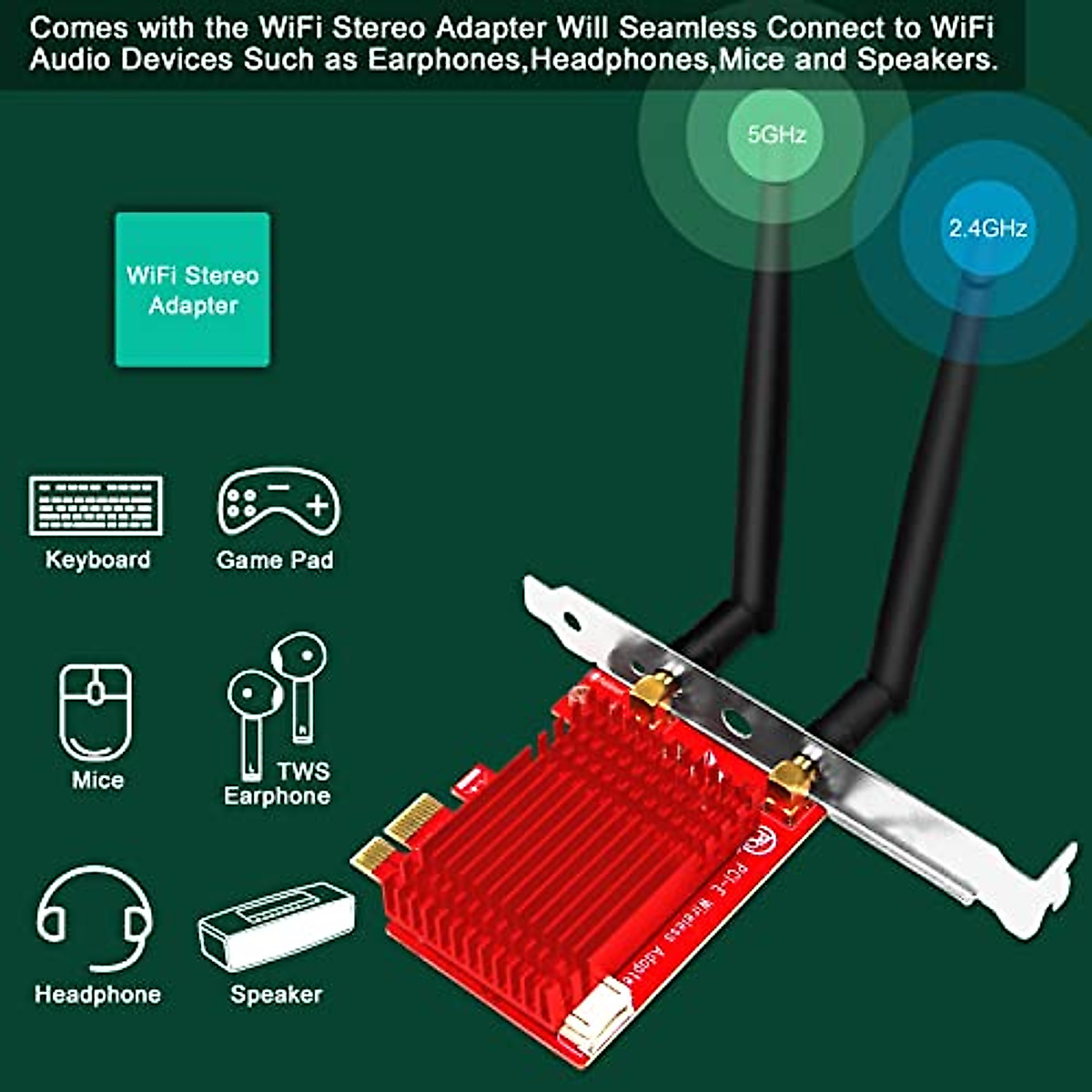 FebSmart Wireless AC 1200Mbps Dual Band PCIE WiFi Card with WiFi Stereo Adapter for Windows XP, 7, 8.x, 10, 11 (32/64bit) and Windows Server Desktop PCs for Gaming and Video Screaming (FS-AC85SE)